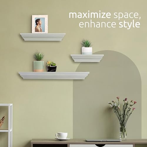 Kiera Grace Madison Classic Crown Molding Floating Wall Shelves, Robust Engineered Wood, Easy Assembly, Ideal for Home Decor, 12" / 16" / 24", White, Set of 3
