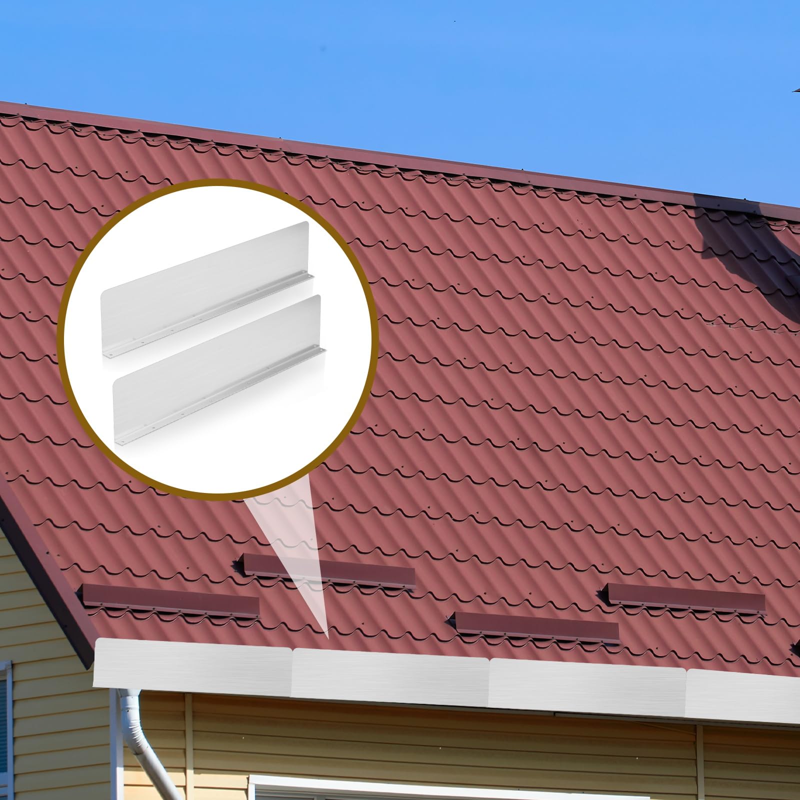 Blulu 2 Pcs Gutter Guard Gutter Valley Splash Guard Aluminum Roof Rain Diverter with 20 Screws Roofing Gutters Accessories for House Residential Flat Shingle Roofs Corner (Straight Style)