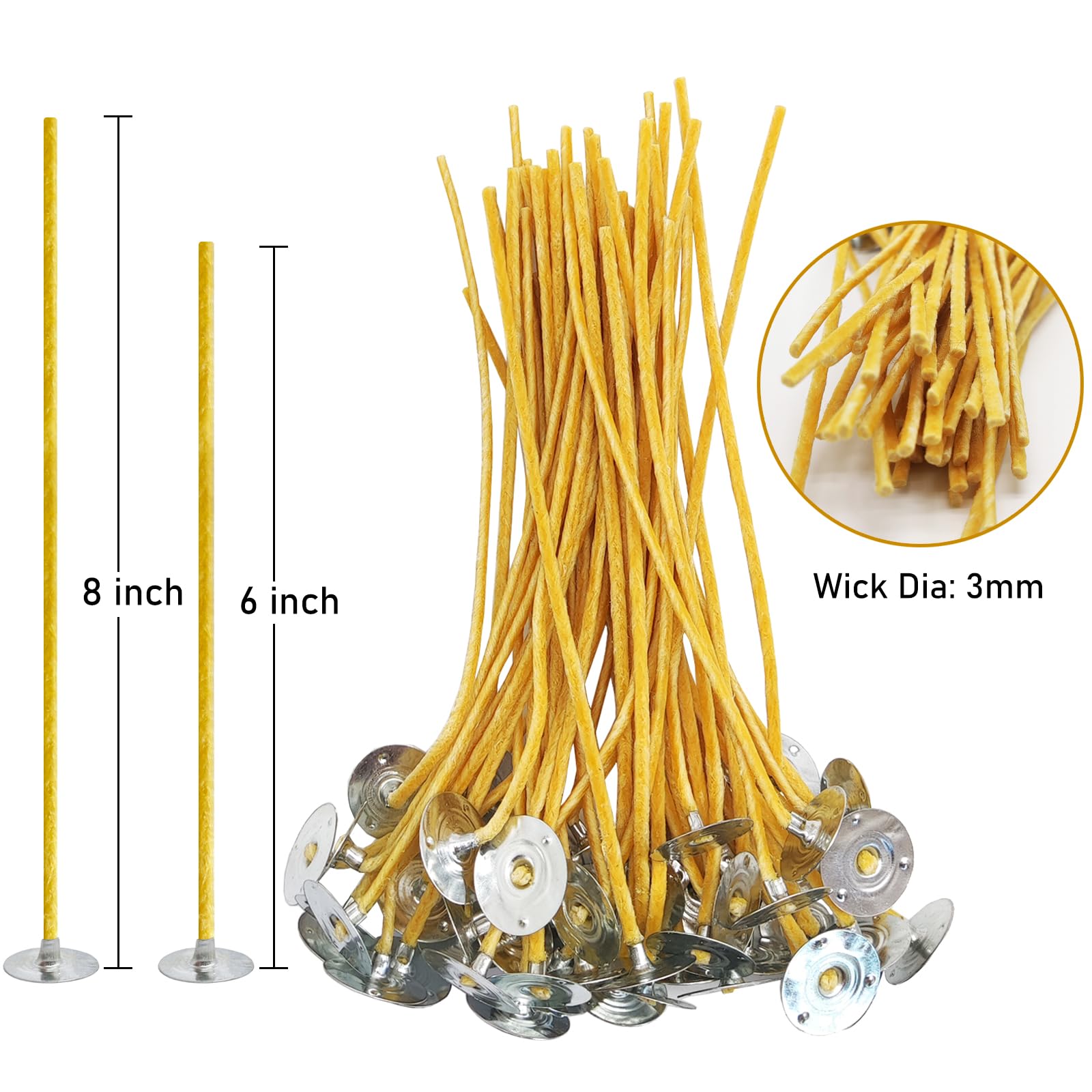 Nuozme 50 Pcs 6" Natural Candle Wicks,Pre-Waxed by 100% Beeswax & Tabbed with 60Pcs Candle Wick Stickers and 5 Pcs Wooden Candle Wick Centering Device, for Candle Making,Candle DIY