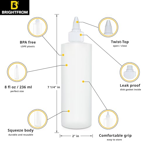 BRIGHTFROM Condiment Squeeze Bottles, 8 OZ Empty Squirt Bottle with Twist Top Cap, Leak Proof - Great for Ketchup, Mustard, Syrup, Sauces, Dressing, Oil, Arts and Crafts, BPA FREE Plastic - 3 PACK