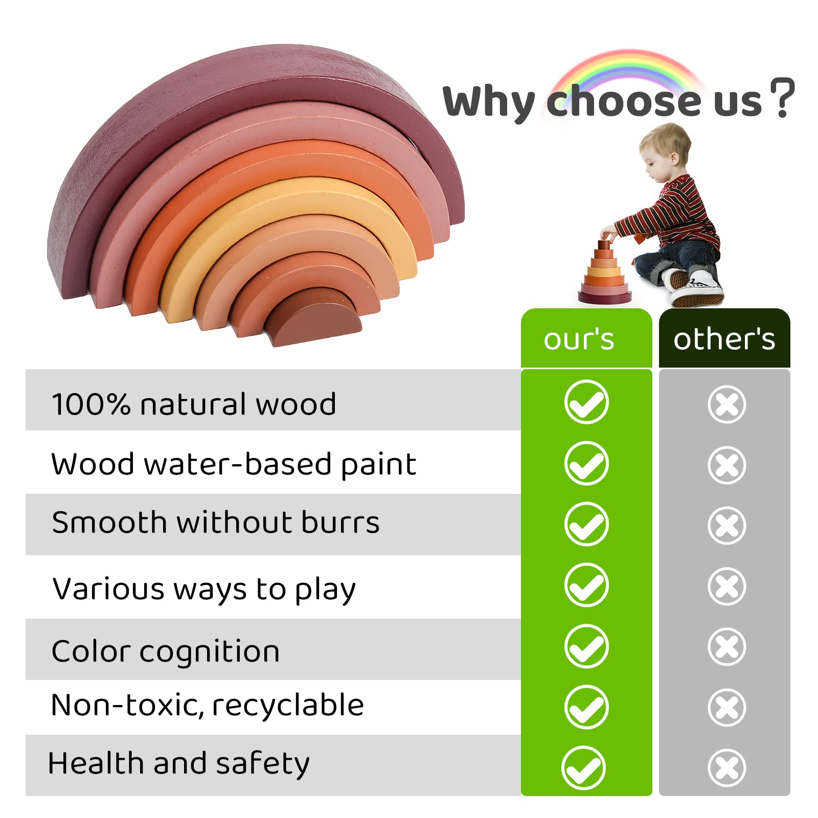 Wooden Rainbow Stacker Nesting Puzzle Blocks, 7pcs Wooden Sorting & Stacking Toys for Toddlers, Building Blocks Set Early Educational Montessori Matching Toys for Preschool Boys Girls