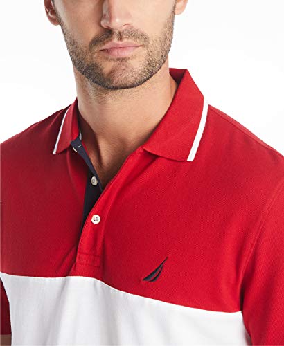 Nautica Men's Short Sleeve 100% Cotton Pique Color Block Polo Shirt, Red, Large