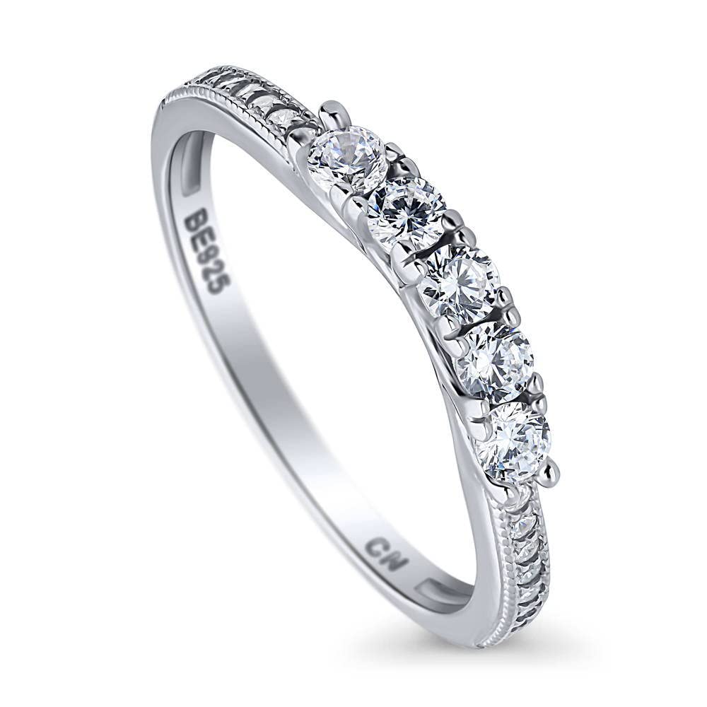 BERRICLE Sterling Silver 5-Stone Wedding Rings Cubic Zirconia CZ Anniversary Curved Half Eternity Ring for Women, Rhodium Plated Size 6