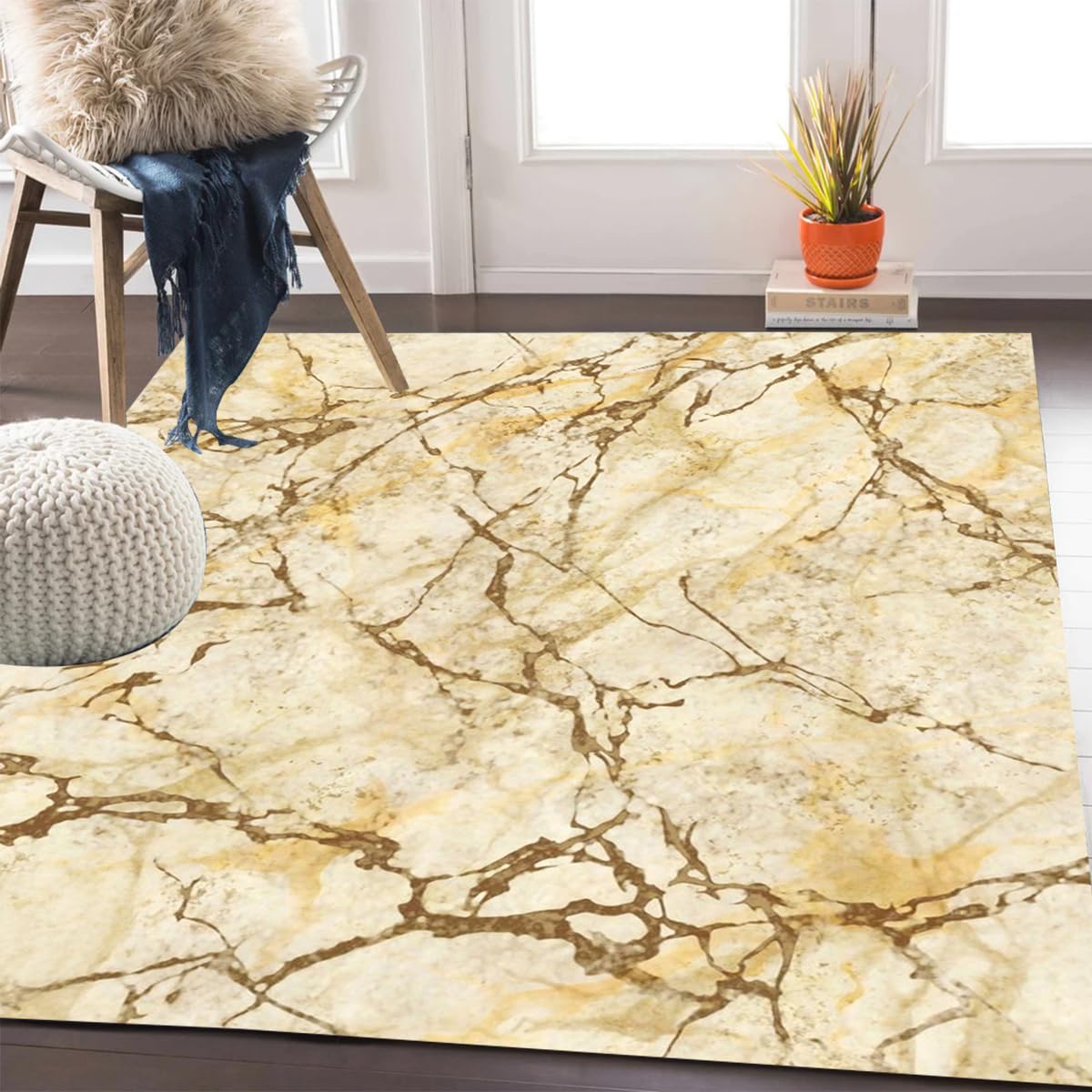 Brown Tan Marble Abstract Modern Area Rug 2x8 Vintage Distressed Aesthetic Rug for Living Room Bedroom Diningroom Indoor Outdoor Office Kitchen Garden Patio Carpet