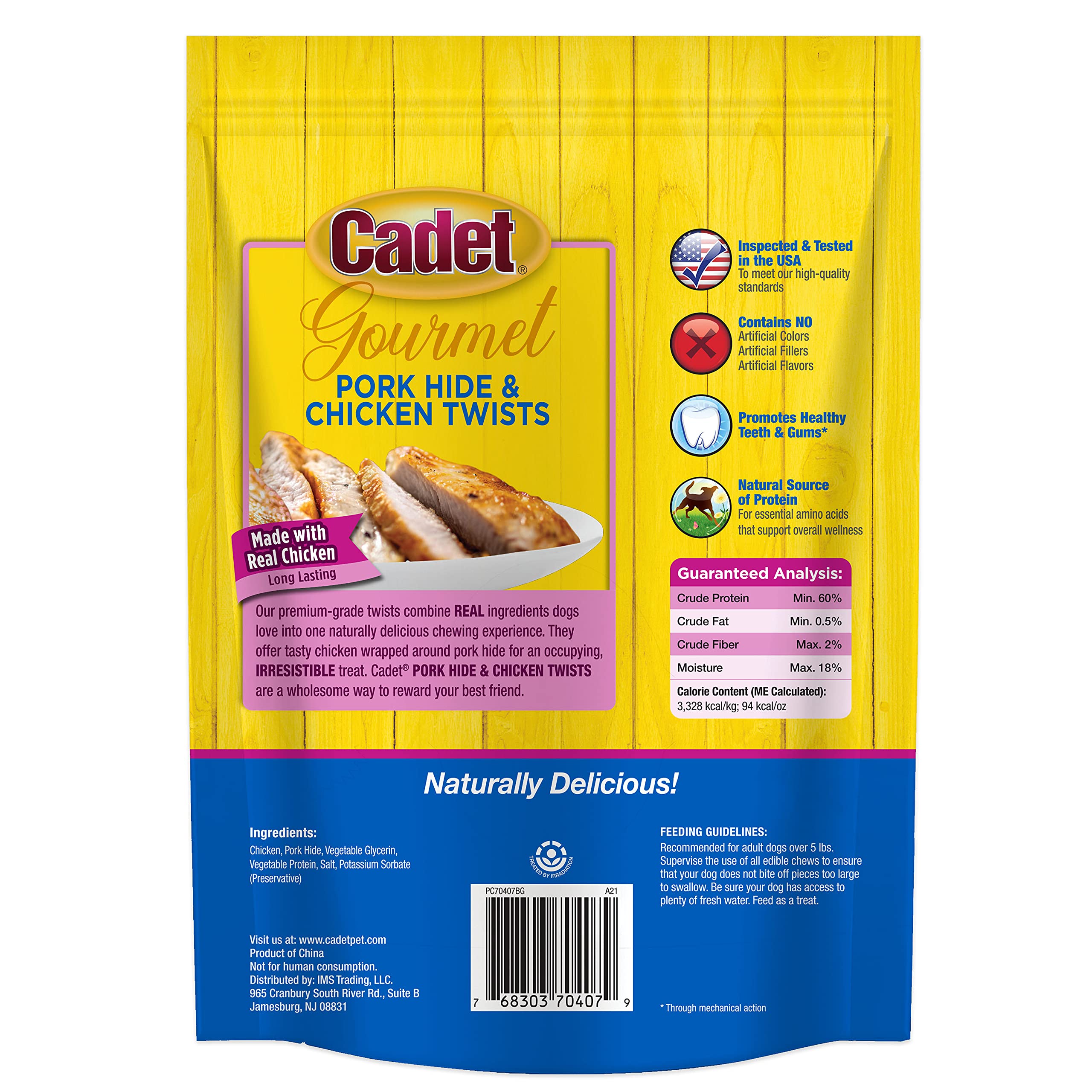 Cadet Gourmet Twists Sticks- Long Lasting & Natural Dog Treats for Large & Small Dogs Pork Hide & Chicken - Inspected & Tested in USA (22 Count)