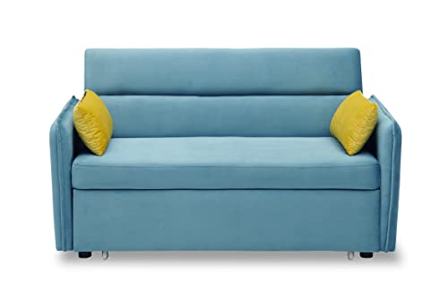 FANYE Velvet Upholstered Loveseat Sleeper w/Side Storage Pockets, 54'' 2-Seaters Sofa with Pull-Out Couch Bed with 2 Pillows & Adjustable Backrest for Living Room Apartment Office Compact Space, Teal