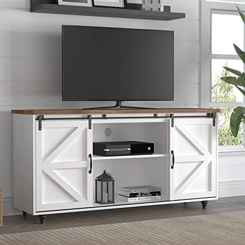 Farmhouse Coffee Bar Cabinet with Storage, 58ββ Kitchen Sideboard Buffet Storage Cabinet with Sliding Barn Door, White Cabinet with Adjustable Shelves, Buffet Table for Living Dining Room