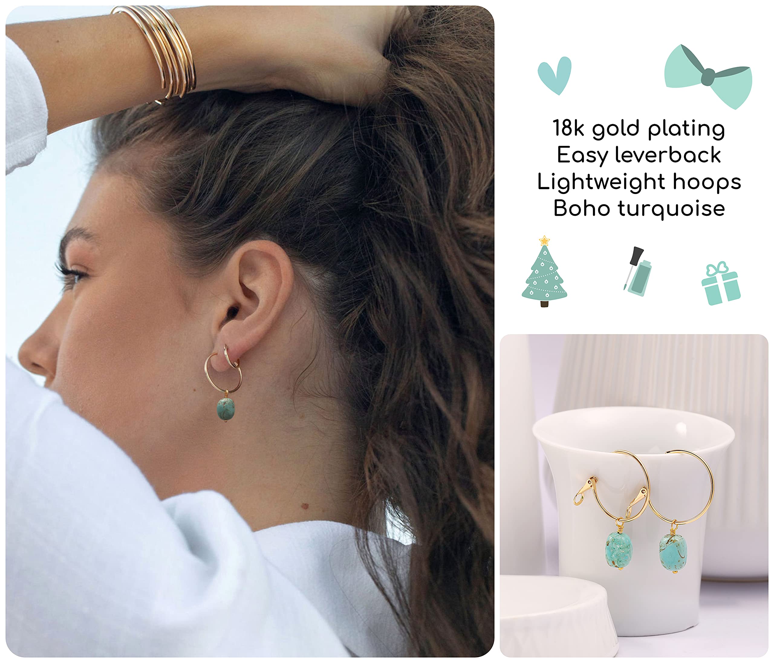 PEARLADA 18k Gold Hoop Earrings with Turquoise Charm Boho Dangle Drop Earrings Trendy Handmade Summer Jewelry