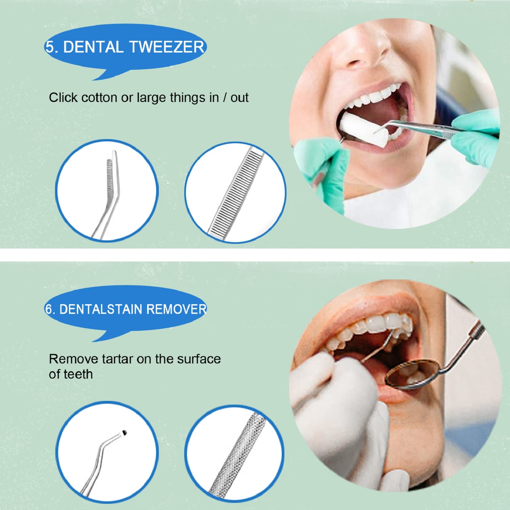Dental Tools Set, 6 in 1 Dental Picks for Teeth Cleaning Kit, Plaque Remover for Teeth, Teeth Cleaning Kit Tartar Remover, Dental Hygiene Cleaning Kit, Stainless Steel Scraper Remover for Teeth