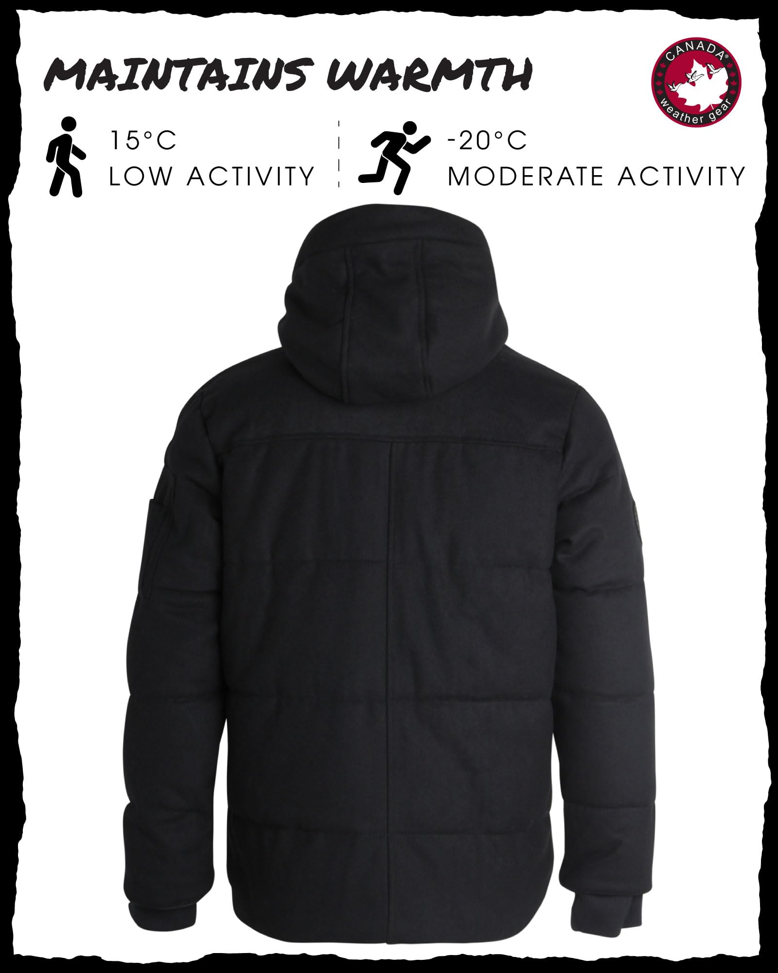 CANADA WEATHER GEAR Men's Wool Puffer Jacket Coat - Heavyweight Quilted Insulated Outerwear Parka (M-XXL), Size Large, Black