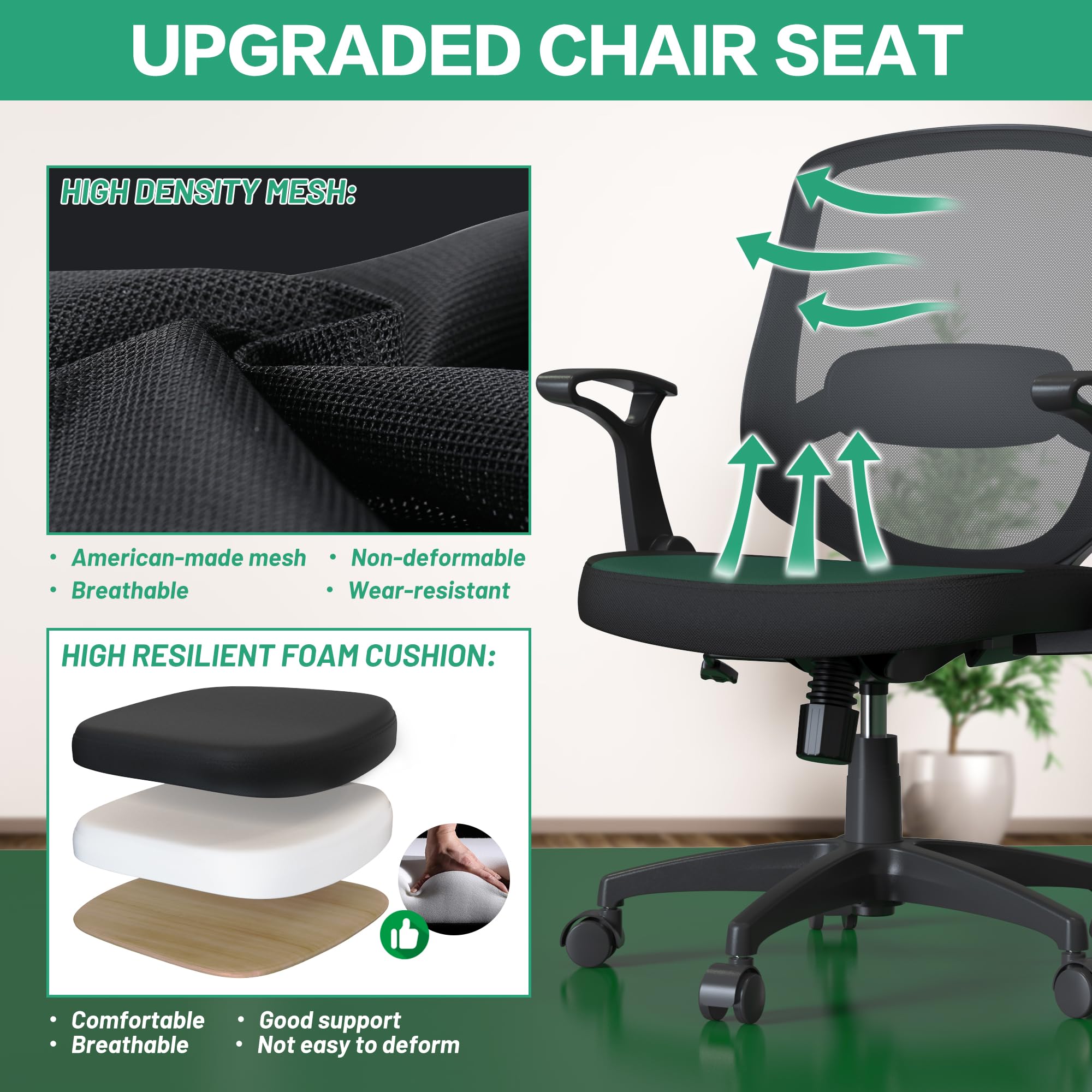 Ergonomic Swivel Mesh Back Office Computer Desk Chair for Home with Flip Up Arms and Adjustable Lumbar Support