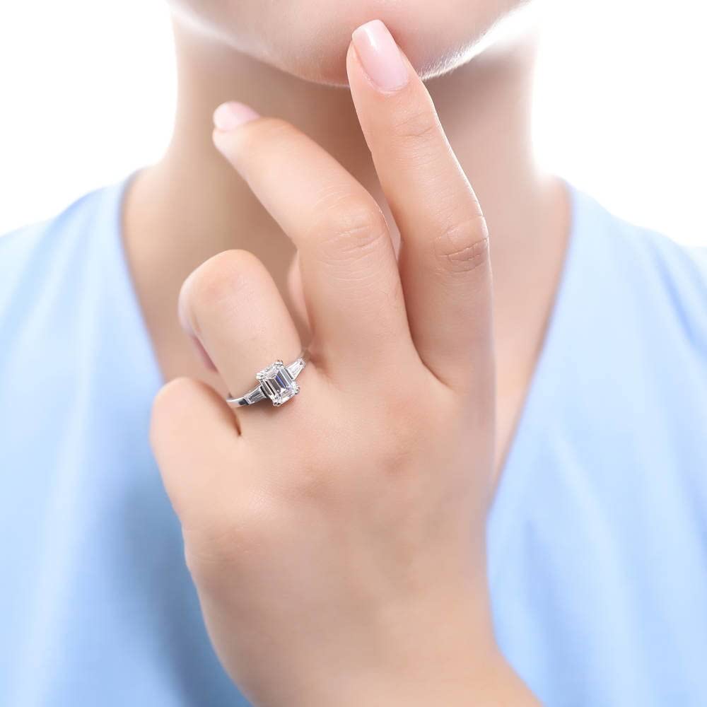 BERRICLE Sterling Silver 3-Stone Wedding Engagement Rings Emerald Cut Cubic Zirconia CZ Anniversary Ring for Women, Rhodium Plated Size 5.5