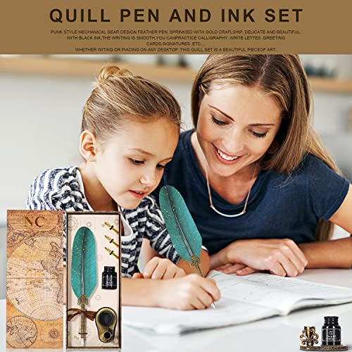 NC Quill Pen Ink Set, Feather Pen Ink Set, Feather Calligraphy Pen Set, Christmas gifts, Valentine’s Day Gift, Birthday Gift, Calligraphy Set Holiday Ideal Gift.(Green)
