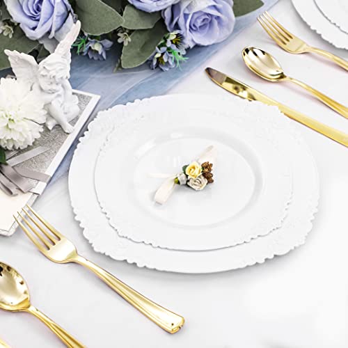 Morejoy 100PCS White Plastic Plates - White Disposable Plates - Include 50 Pieces 10.25 Inch Dinner Plates & 50Pieces 7.5 Inch Dessert Plates - Perfect for Weddings & Thanksgiving & Christmas