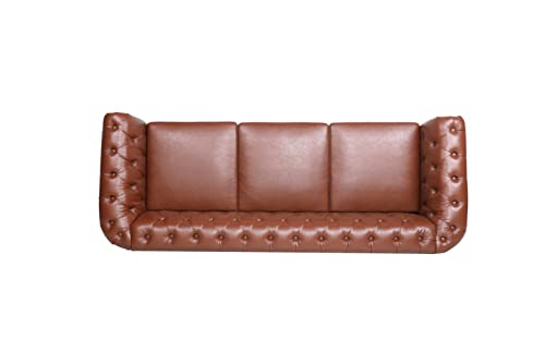 HomSof 84" Rolled Arm Chesterfield 3 Seater Sofa Mid Century Modern Couch for Small Spaces, Brown PU Leather