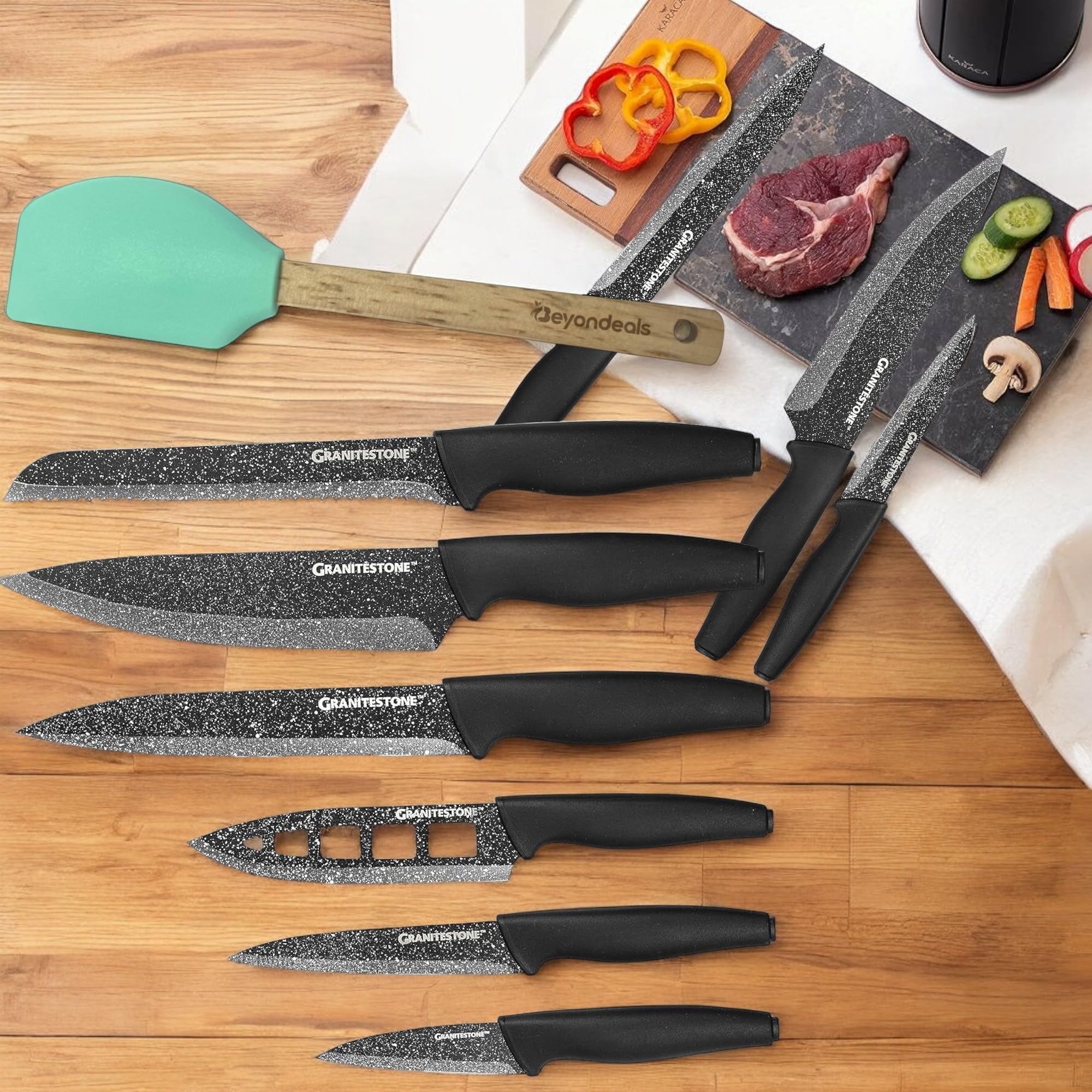 Granitestone Nutriblade Knife Set Bunded Silicone Spatula, Professional Chef Kitchen Set, Stainless Steel Knives 1.39lb, Nonstick Coating, Ergonomic Rubberized Grip, Dishwasher Safe Knife [Pack Of