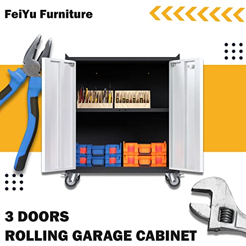 Metal Storage Cabinet with Wheels, Mobile Garage Cabinet with Locking Doors and One Adjustable Shelf, Lockable Storage Cabinet for Utility Room, Home, Office