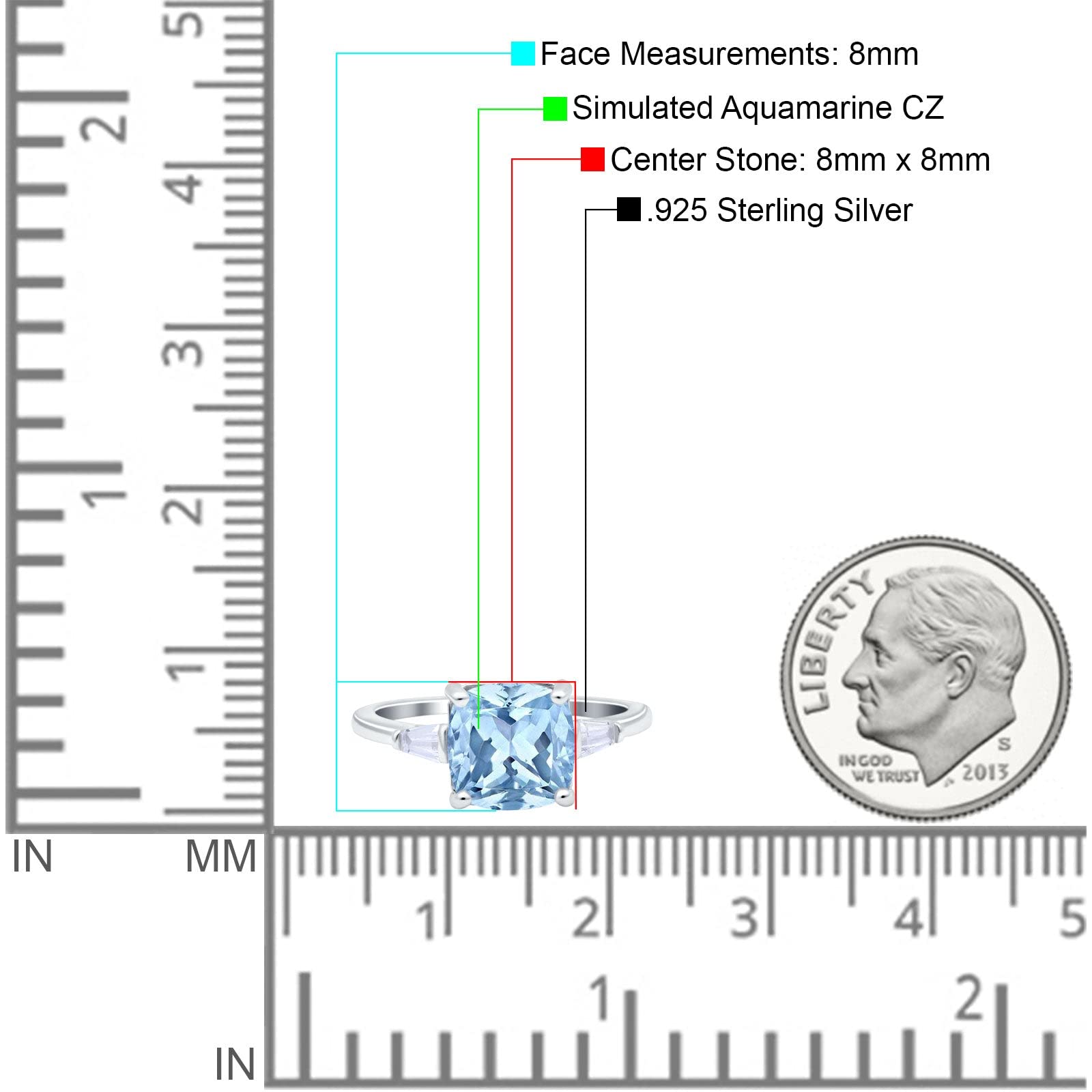Blue Apple Co. Simulated Aquamarine Cubic Zirconia Size-7 Cushion Cut Art Deco Wedding Bridal Ring Baguette CZ 925 Sterling Silver