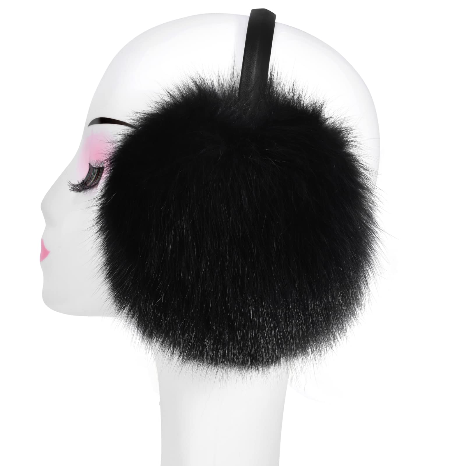 Bibury Real Fox Fur Earmuffs with Leather Band, Winter Ear Muffs, Cold Weather Head Warmer (Black)