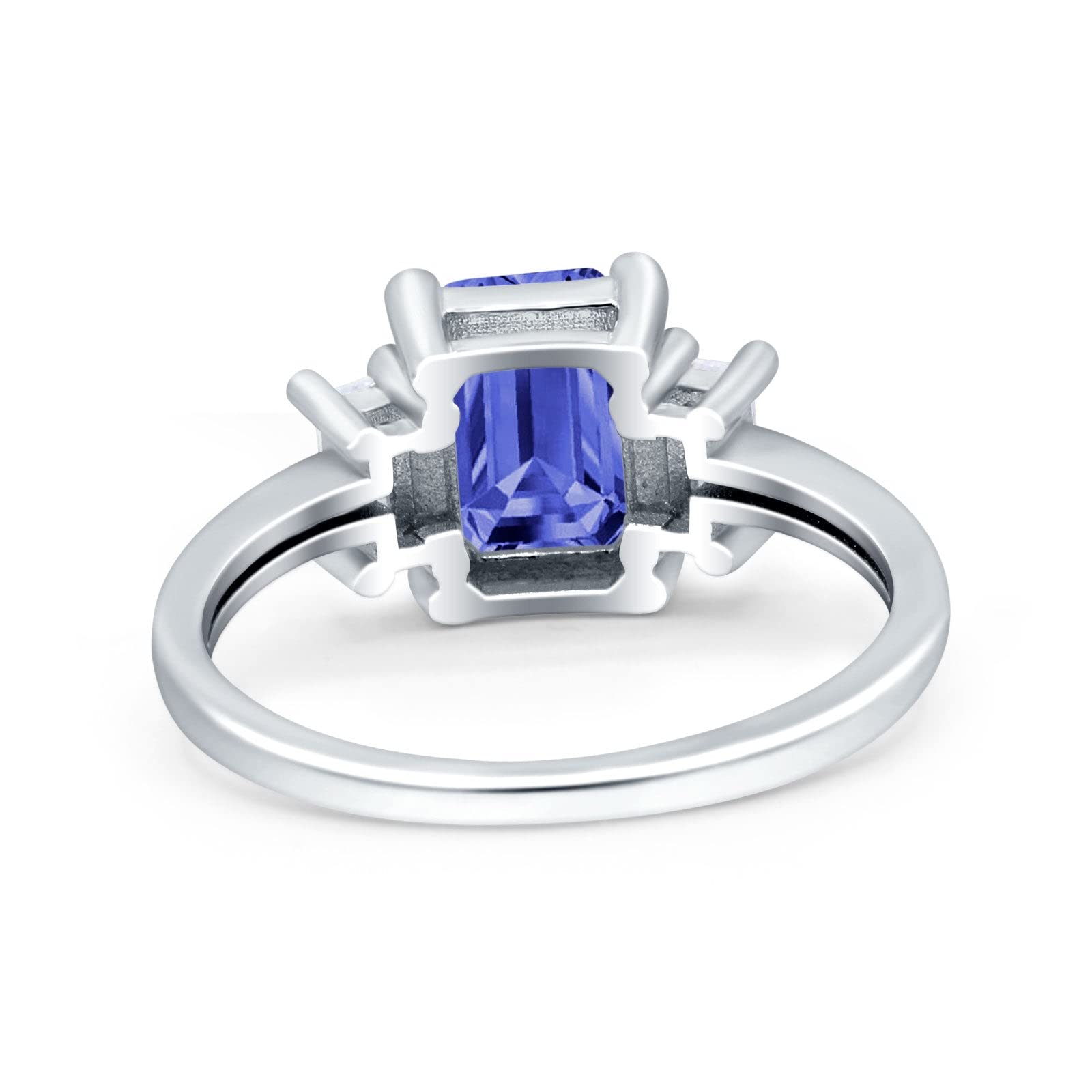 Blue Apple Co. Simulated Tanzanite Cubic Zirconia Size-6 Emerald Cut Art Deco Three Stone Wedding Ring CZ 925 Sterling Silver