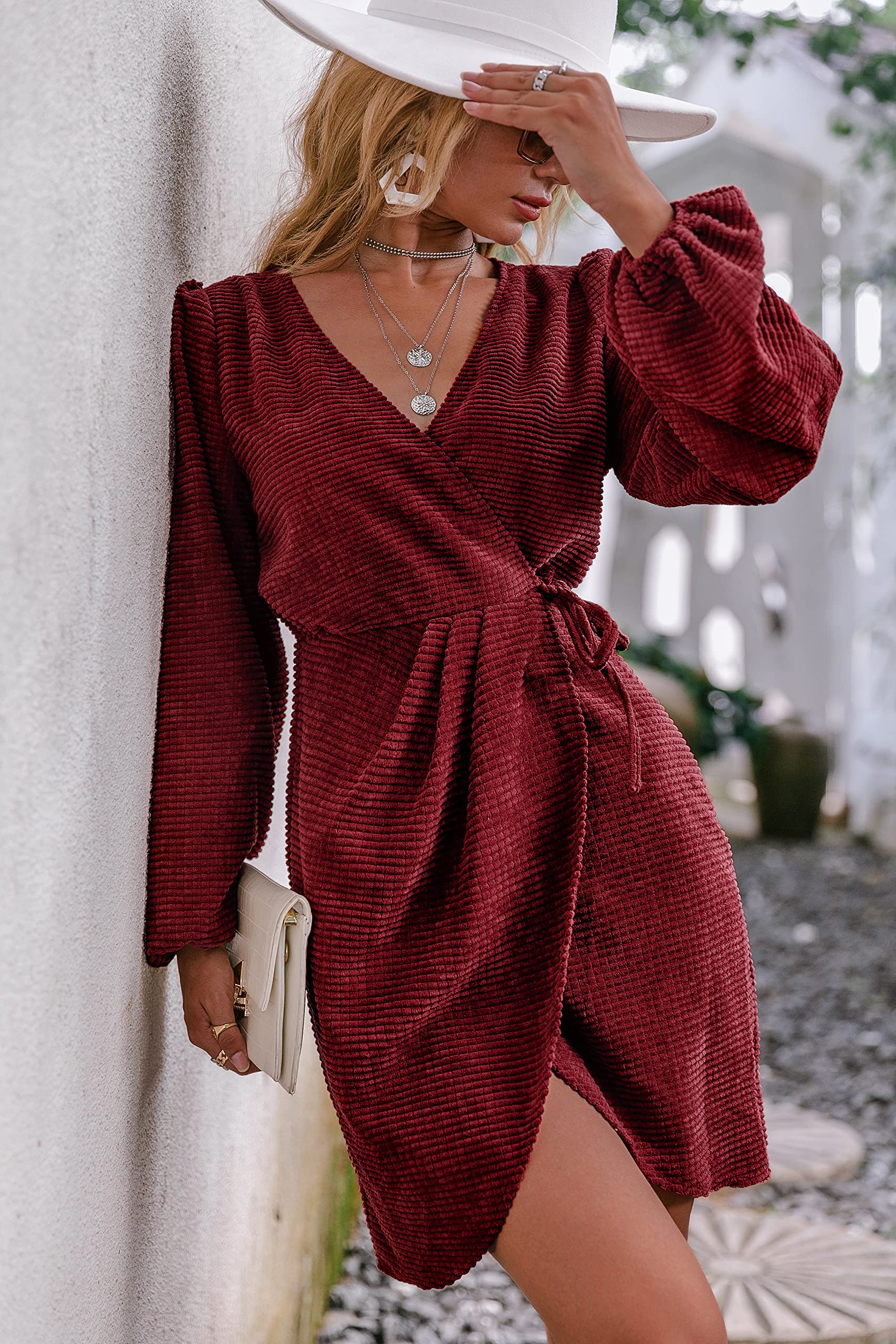 BerryGo Women's 2023 Elegant Velvet Wrap Long Balloon Sleeve Party Dresses Deep V Neck Cocktail Mini Fall Dress Wine Red,XL