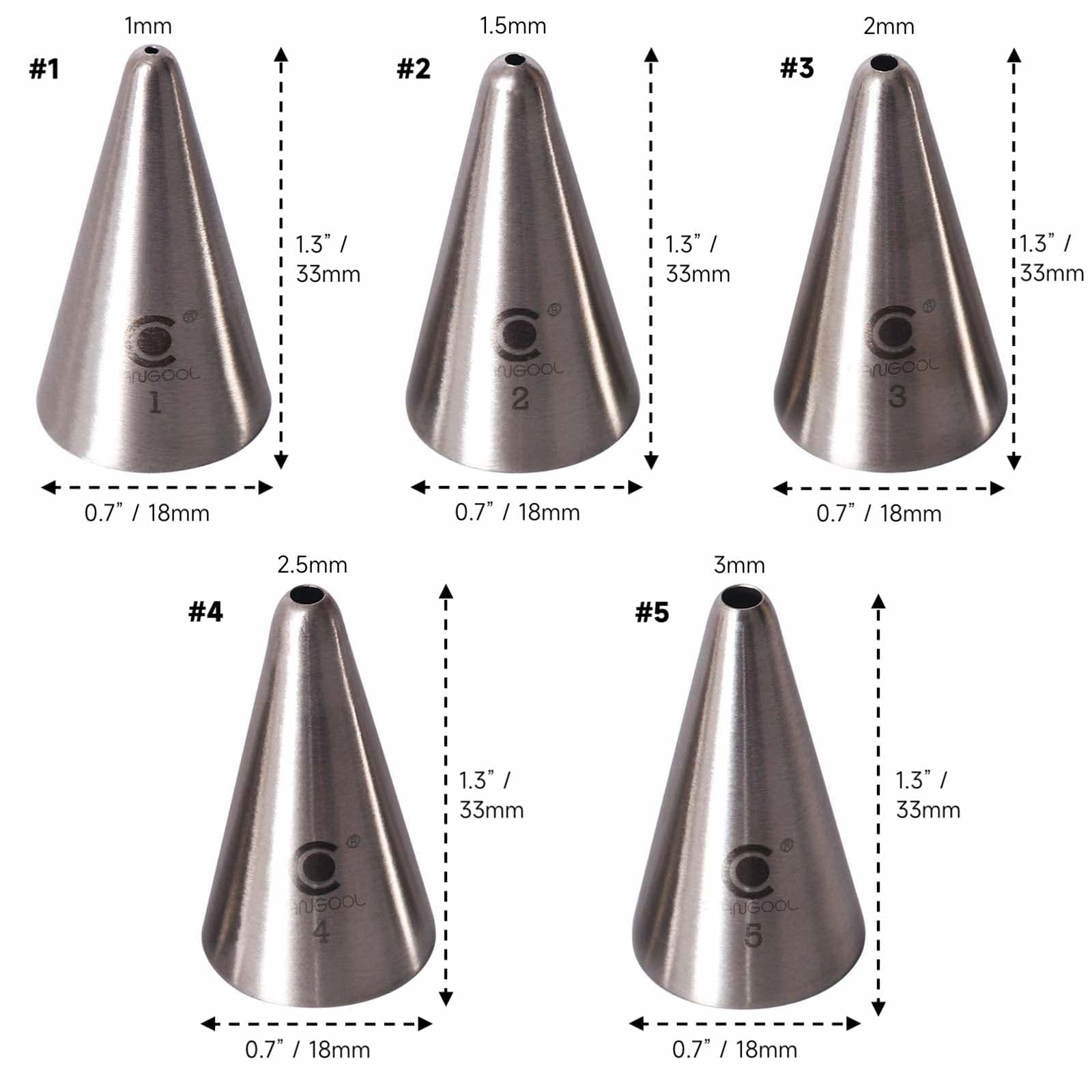 Cangool 5 Professional Nozzles for Drawing and Writing on Cakes, Cupcakes, Biscuit (Size 1, 2, 3, 4 and 5) - Piping Tips Compatible With Piping Bag