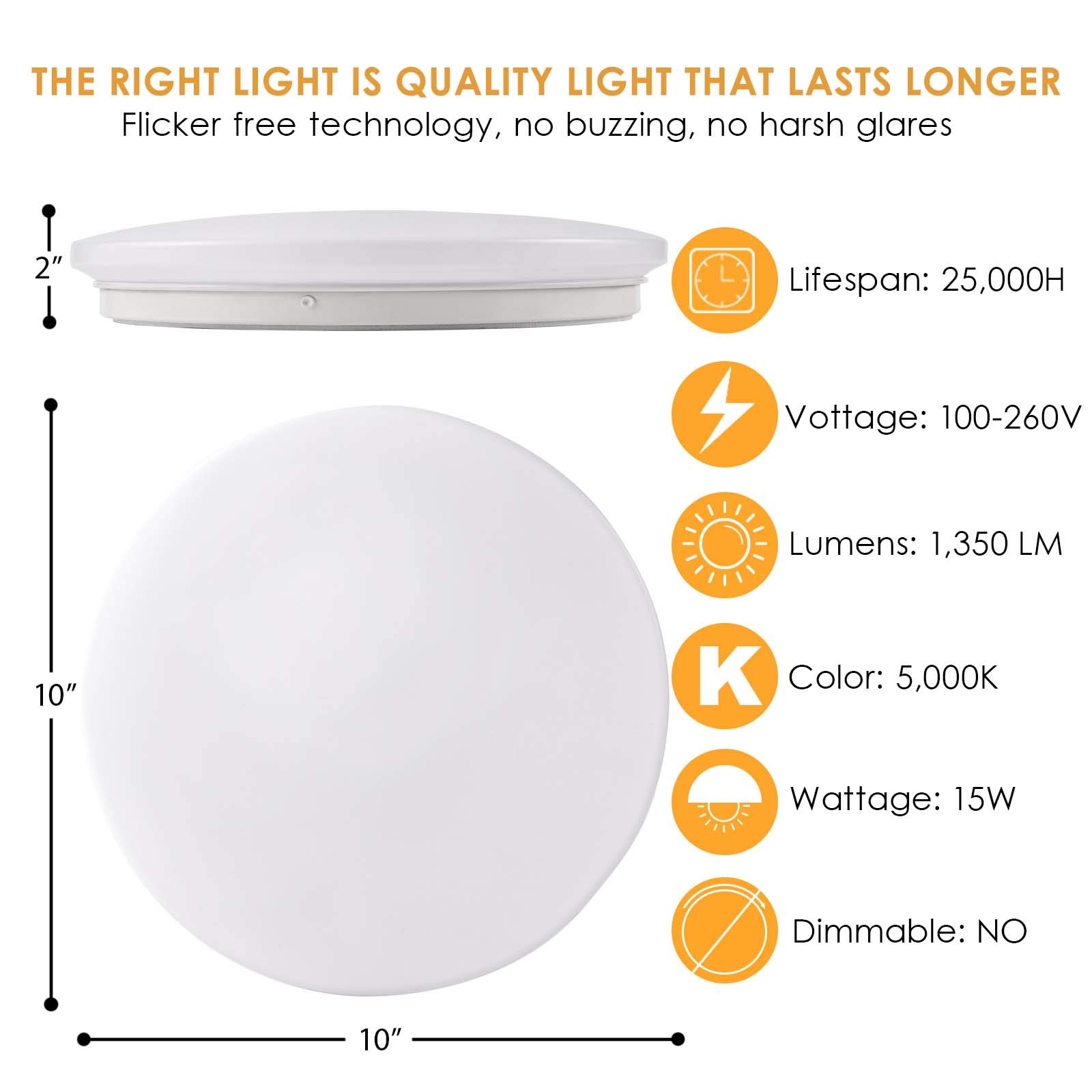 BRILLIRARE LED Ceiling Light Flush Mount, 1,350LM 15W Ceiling Lamp, 10" Round Lighting Fixture, 25,000H Lifetime, Cool White, 5,000K Daylight, IP44, CRI90+ for Bedroom, Kitchen, Bathroom, Hallway