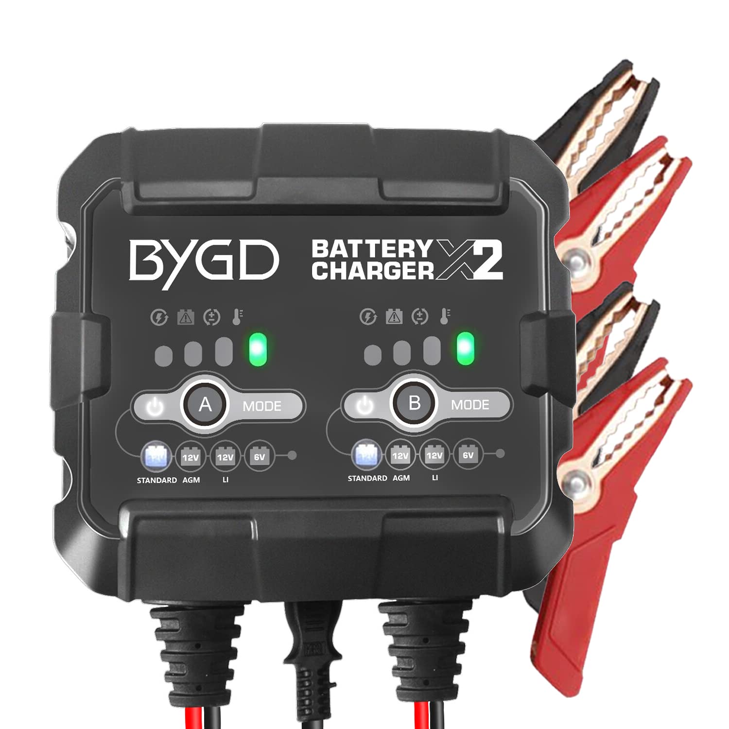 BYGD 6V and 12V Smart Battery Charger 2-Bank, 4-Amp (2-Amp Per Bank) Fully-Automatic Smart Charger, Battery Maintainer, and Battery Desulfator with Temperature Compensation (Upgraded)