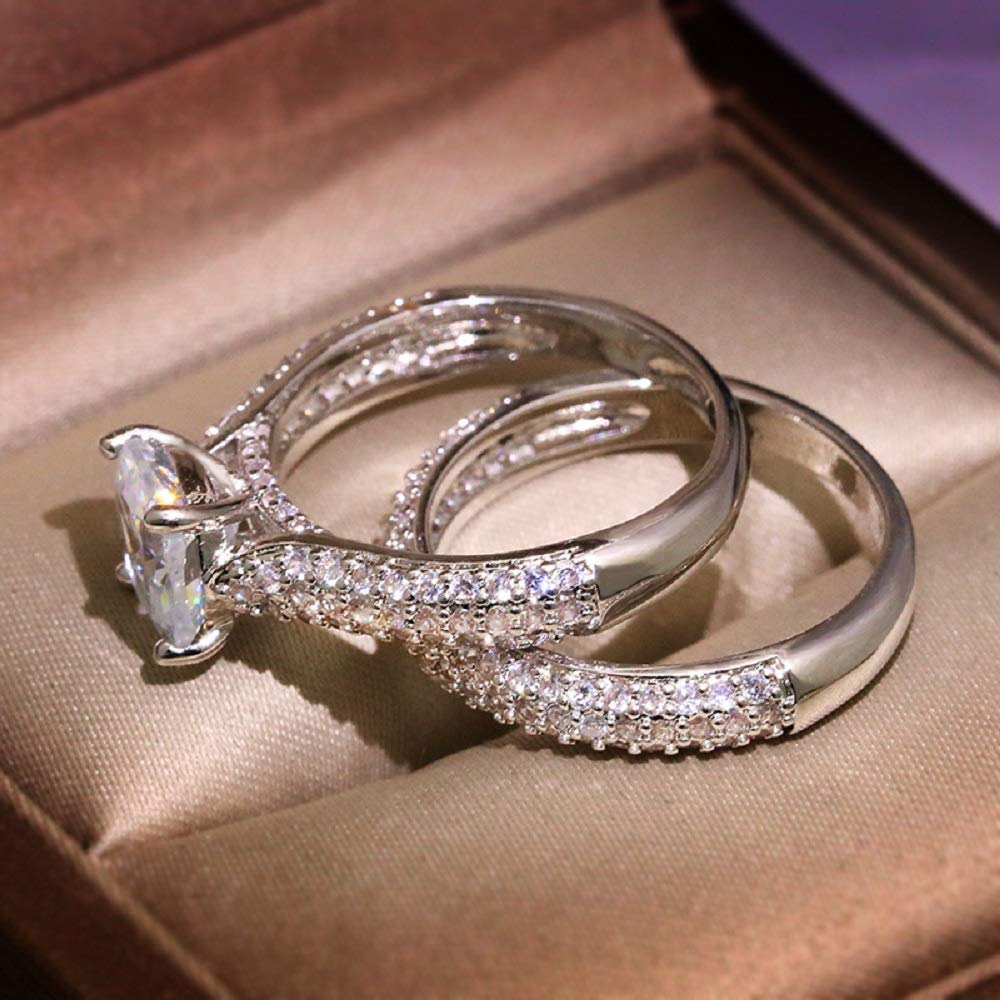 Bicheng 2-piece Zircon Super Bright Ring 925 Sterling Silver Crystal CZ Wedding Ring Engagement Ring Bridal Set Jewelry Gift (9)