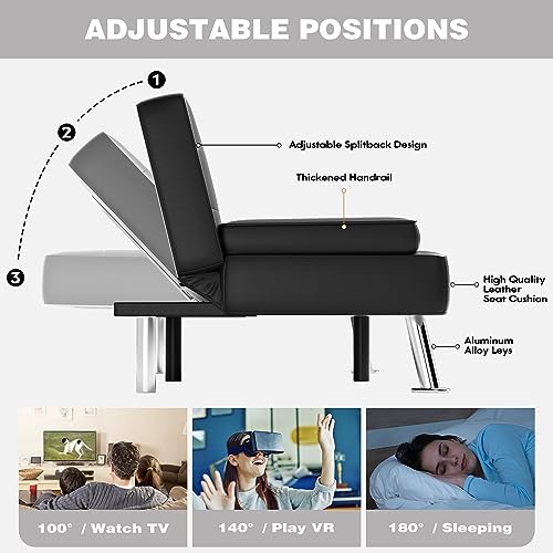 JUMMICO Faux Leather Upholstered Modern Convertible Folding Futon Sofa Bed with Removable Armrests, Adjustable Recliner Couch Bed Loveseat with 2 Cup Holders for Living Room