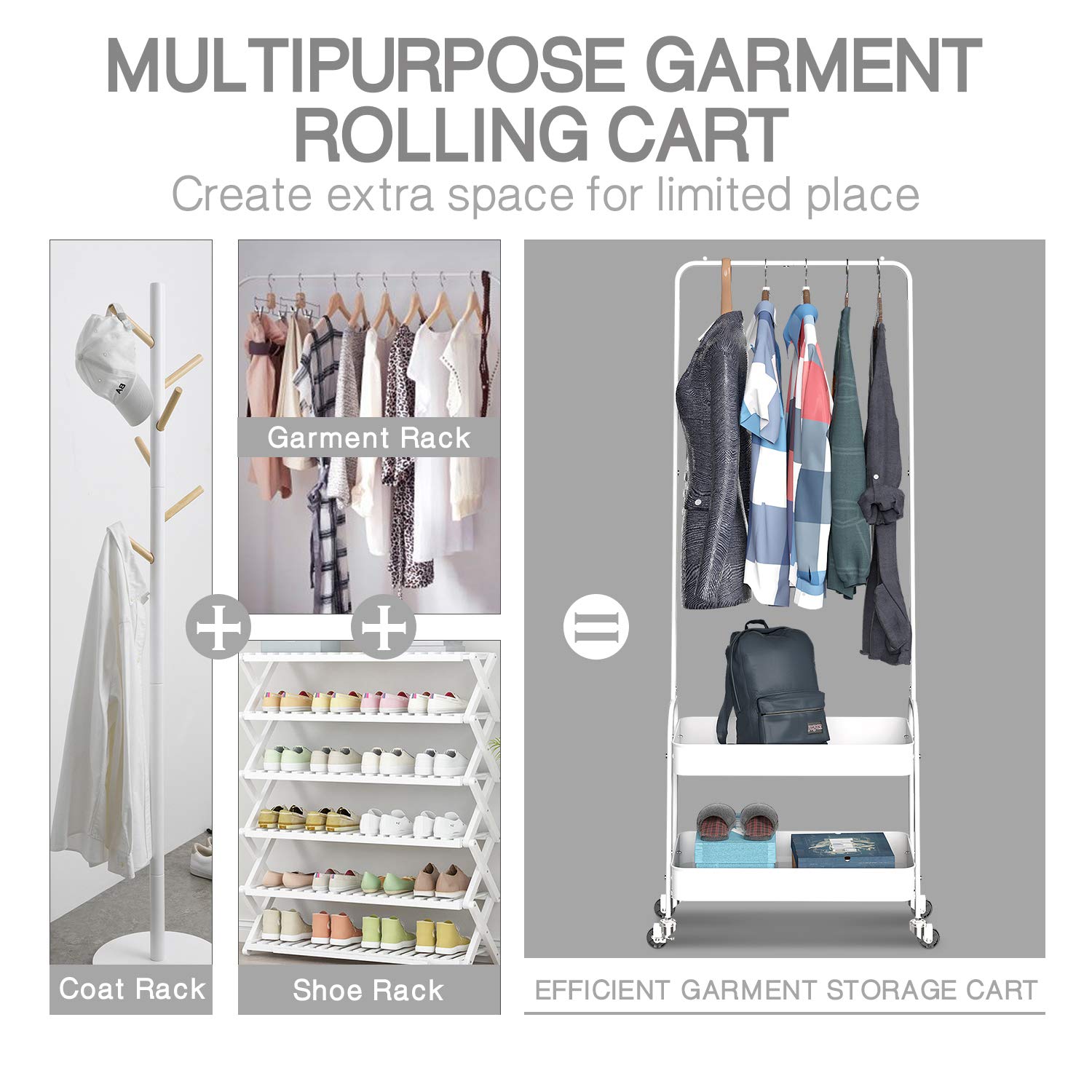 KINGRACK 2-in 1 Garment Rack, Clothing Rack with 2 Tier Metal Basket, Rolling Storage Cart Clothes Organizer Coat Rack Storage Stand on Wheels for Home Bedroom Laundry Small Place Entryway, White