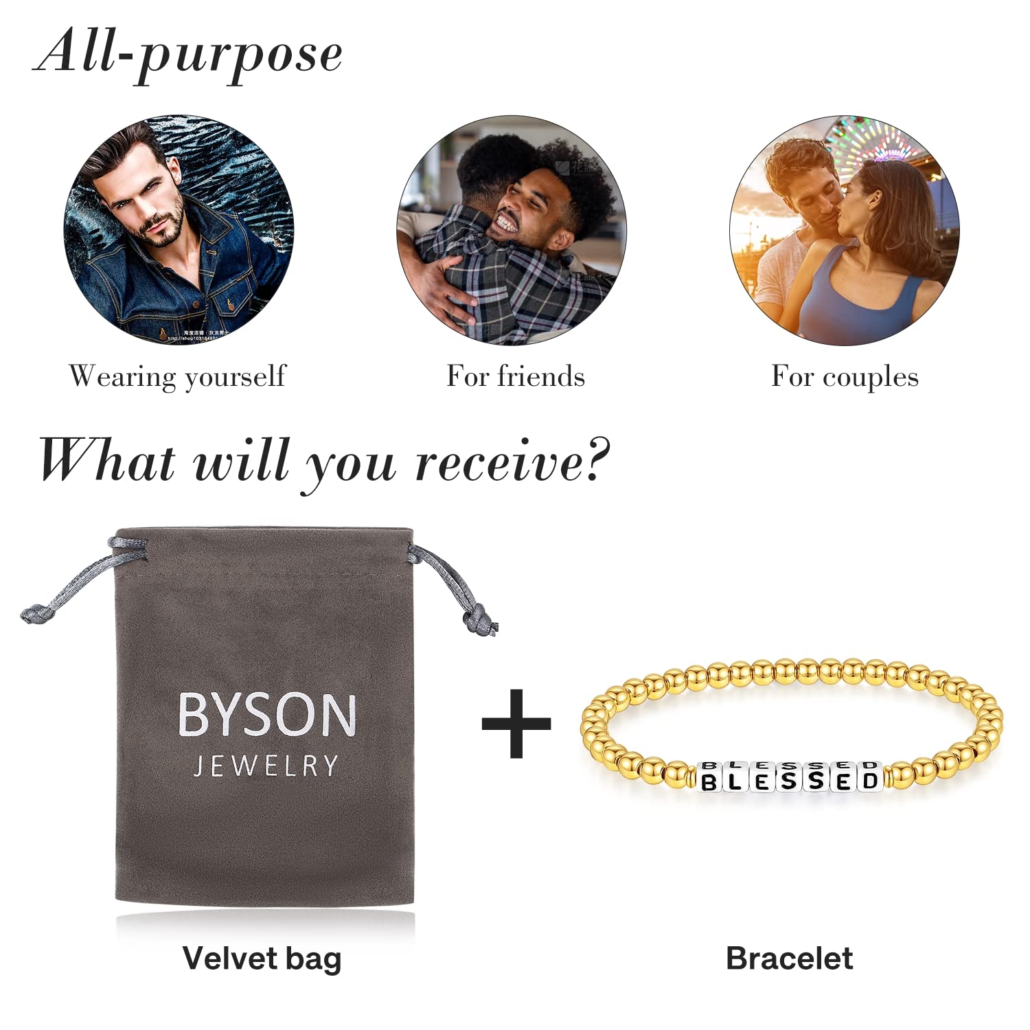 Byson Brass Beads Ball Bracelet with English Letter Copper Beads Balls Stretchable Elastic Gold Beaded Bracelets for Women & Men 7.5" (BLESSED)