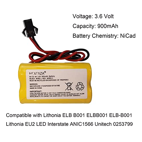 NEAFAZA 3.6V 900mAh NiCd Exit Sign Emergency Light Battery Replacement Compatible with Lithonia ELB B001 ELBB001 ELB-B001 Lithonia EU2 LED Interstate ANIC1566 Unitech 0253799(2 Pack)
