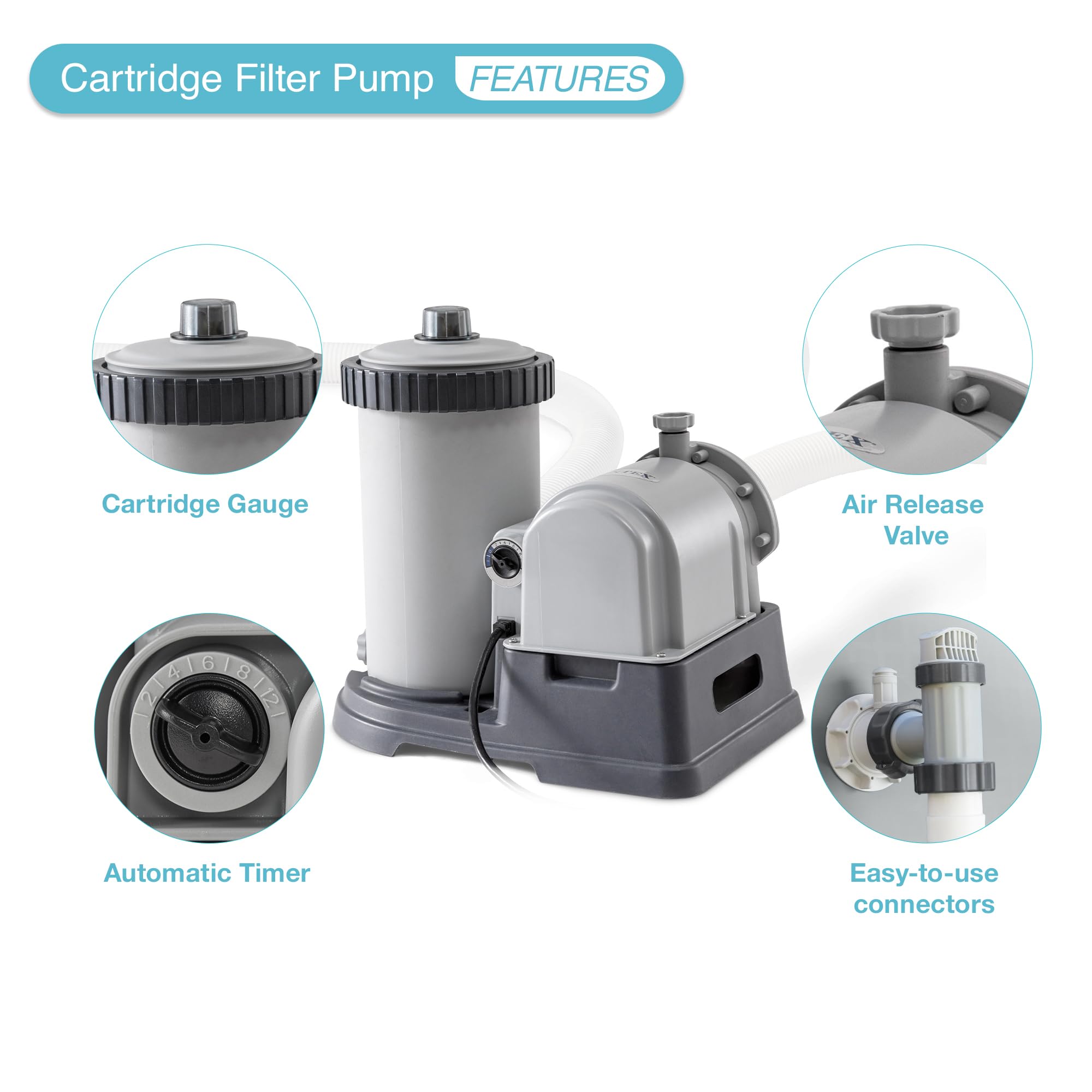 Intex 2500 Gallons Per Hour Above Ground Swimming Pool Cartridge Filter Pump System with a Pair of 59 Inch Long Pool Pump Accessory Hoses, Aqua