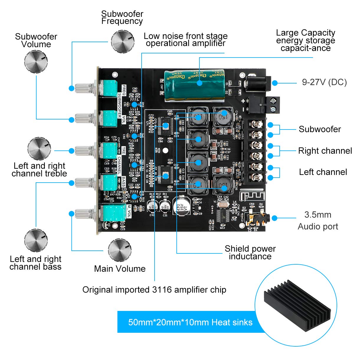 MakerHawk Bluetooth Amplifier Board HiFi Stereo 2.1 TPA3116D2 2X50W+100W 12V-24V Audio Power Amplifier Module Bass and Treble Control for Store Home Theater Speakers (ZK-TB21)