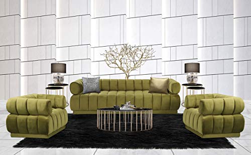 Iconic Home Quebec Sofa Velvet Upholstered Vertical Channel-Quilted Shelter Arm Tufted Design Modern Contemporary, Green