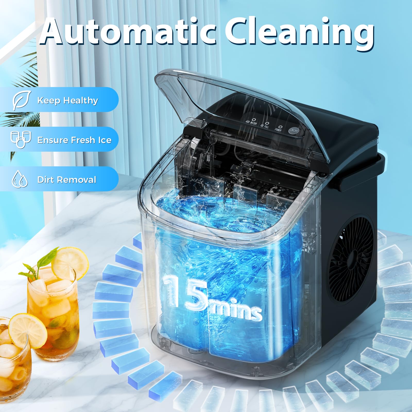 Countertop Ice Maker Antarctic Star Portable Ice Machine with Handle,Self-Cleaning Ice Makers, 26Lbs/24H, 9 Ice Cubes/6 Mins for Home Kitchen Bar Party, Stainless Steel Black
