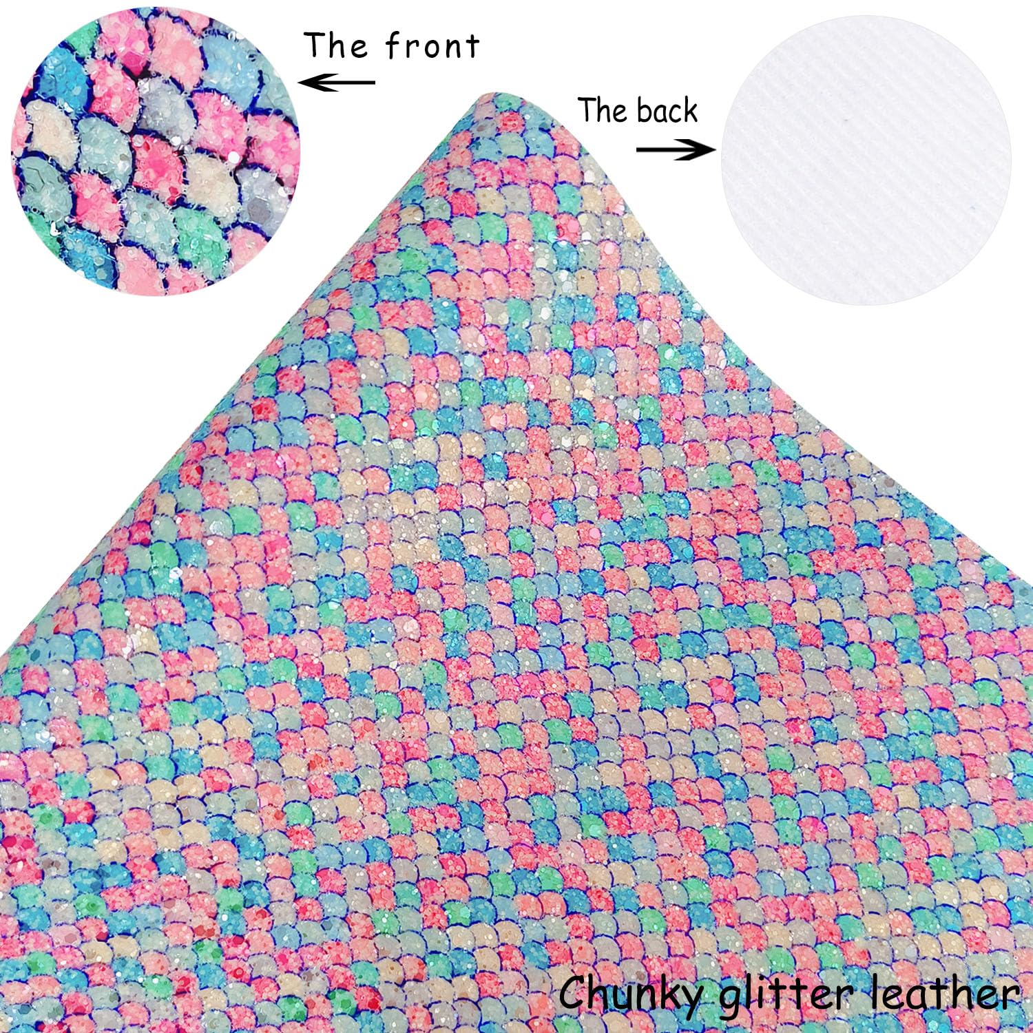 Greatdiy Sparkly Mermaid Chunky Glitter Faux Leather Roll 12 x 52 inch Shiny Synthetic Leatherette Fabric for Making DIY Bows Crafts (24008#16)