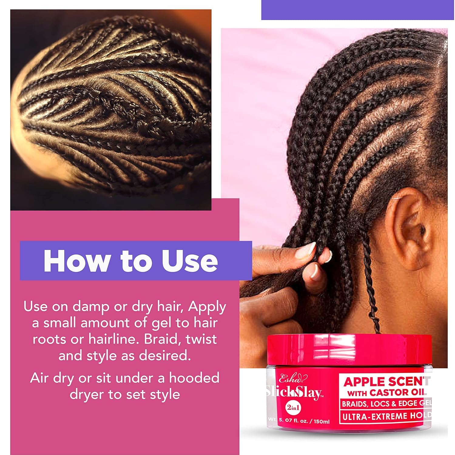 Esha Slick N Slay Braiding Gel - 3-in-1 Ultra Extreme Hold Hydrating & Conditioning Shining Fast Dry Locking Gel for Locs, Twists, Braids, and Edges (PEACH, 17 oz.)