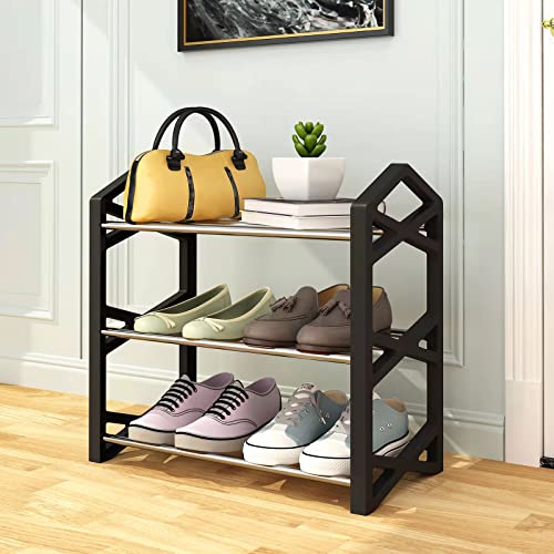 LODFHLL 3-Tier Small Shoe Rack,Metal Lightweight Shoes Shelf Multifunctional Organizer Stackable Stand Footwear Display Shelf,for Closet Hallway Entryway Living Room Bedroom (3-Tier Black Shoe Rack)