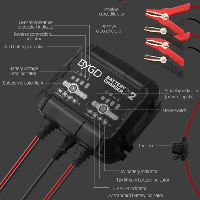 BYGD 6V and 12V Smart Battery Charger 2-Bank, 4-Amp (2-Amp Per Bank) Fully-Automatic Smart Charger, Battery Maintainer, and Battery Desulfator with Temperature Compensation (Upgraded)