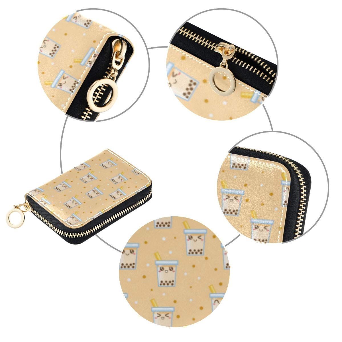 Slim Minimalist Soft Leather Mini Case Holder Organizer Wallet for Women Men Kawaii Boba Bubble Milk Tea Happy Express