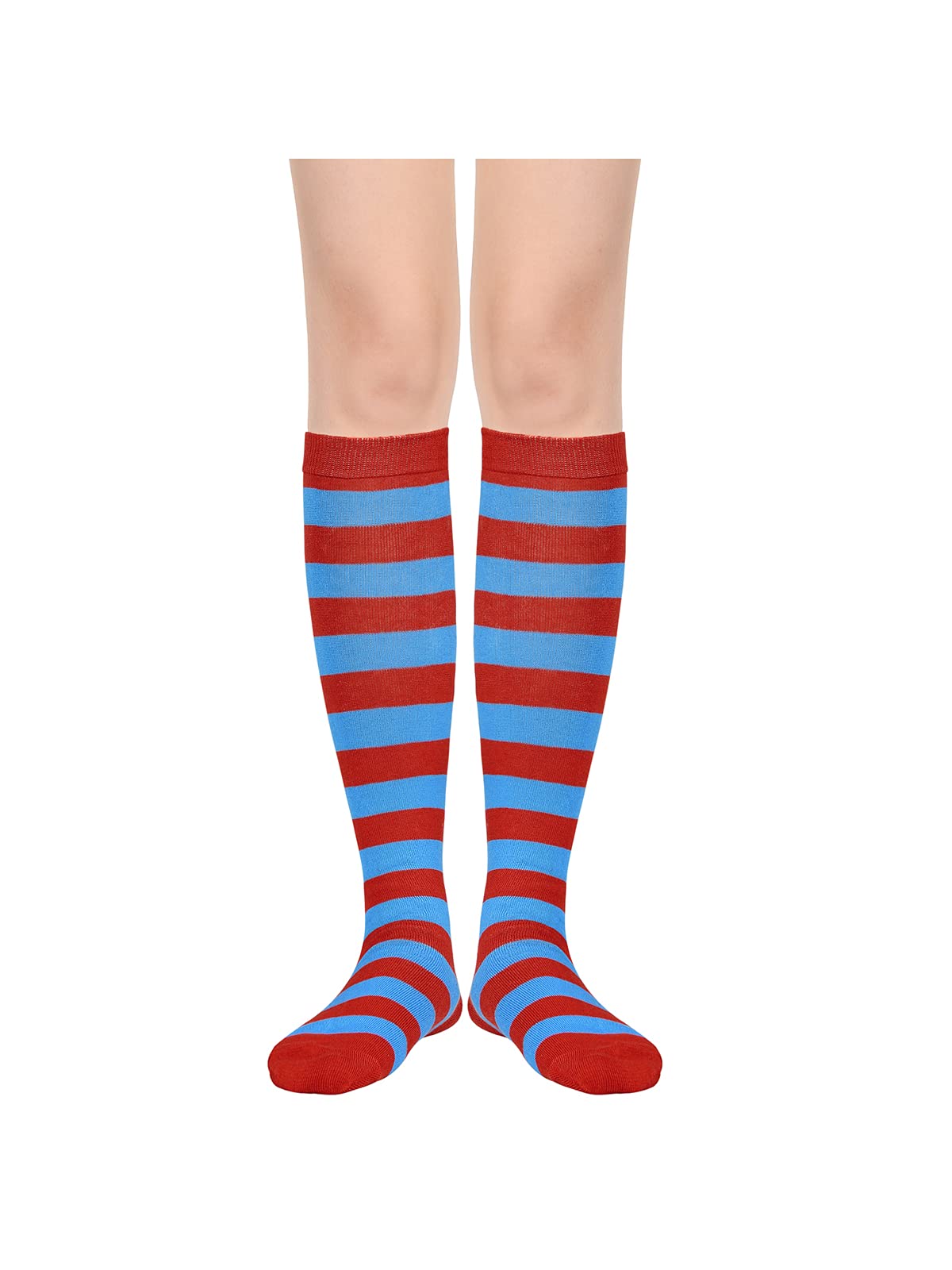 Century Star Women's Knee High Socks Athletic Thin Stripes Tube Socks High Stockings Outdoor Sport Socks 1 Pack Blue Red Stripes One Size