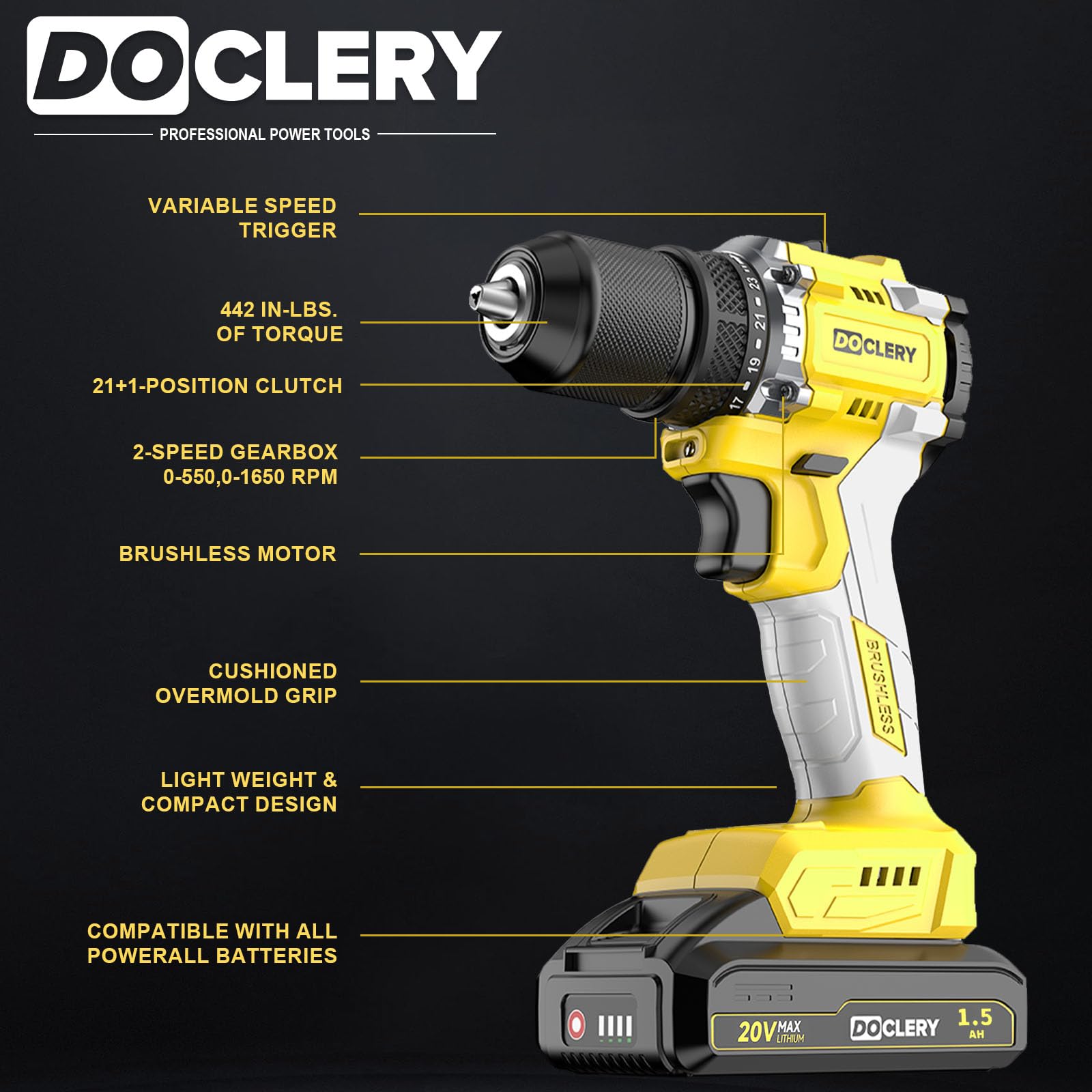 DOCLERY 20V Cordless Drill, Electric Power Drill Set with 1 Battery & Charger, 2 Variable Speed, 266 In-lbs Torque, 25+1 Position and 34pcs Drill/Driver Bits