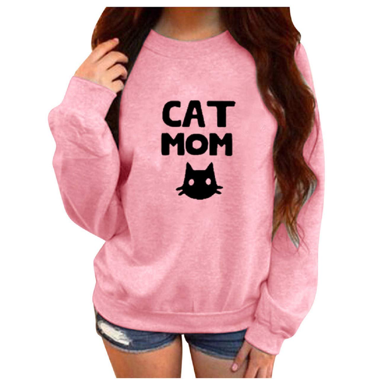 Sweatshirts for Women, FAPIZI Women Fashion Letter Cat Printed Crew Neck Pullover Casual Long Sleeve Solid Color Tops