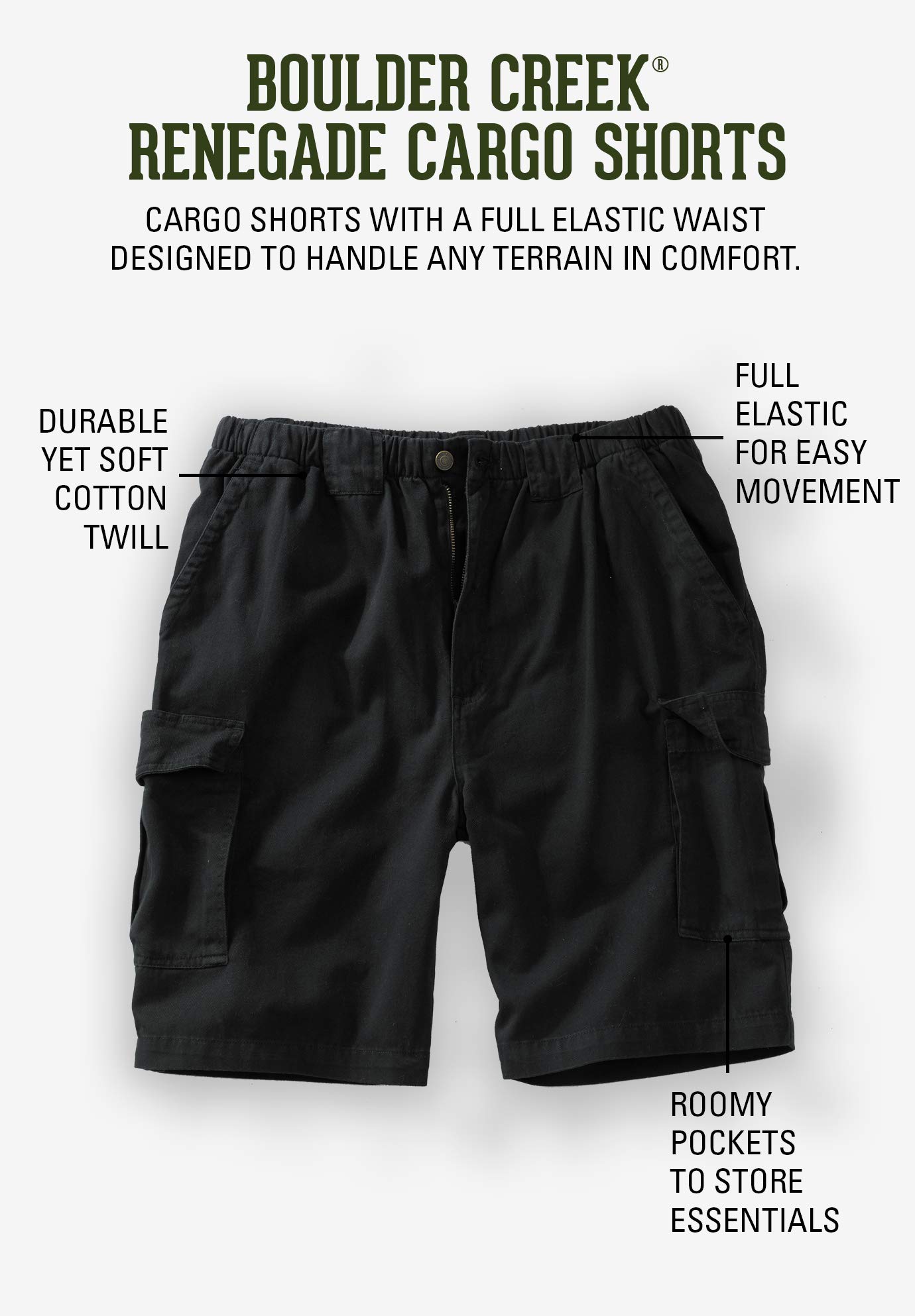 Boulder Creek by KingSize Men's Big & Tall Renegade 9" Full Elastic Waist Cargo Shorts - 5XL, Bark