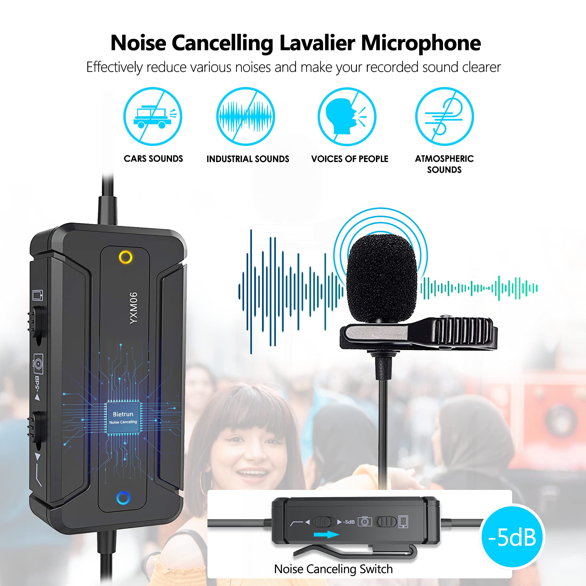 Bietrun Lapel Microphone for iPhone/Android Phone/DSLR Camera/Pad with Noise Cancelling, Omnidirectional Professional Wired Clip On Lavalier Mic for Interview, YouTube, Tiktok, Recording(19.6Ft)