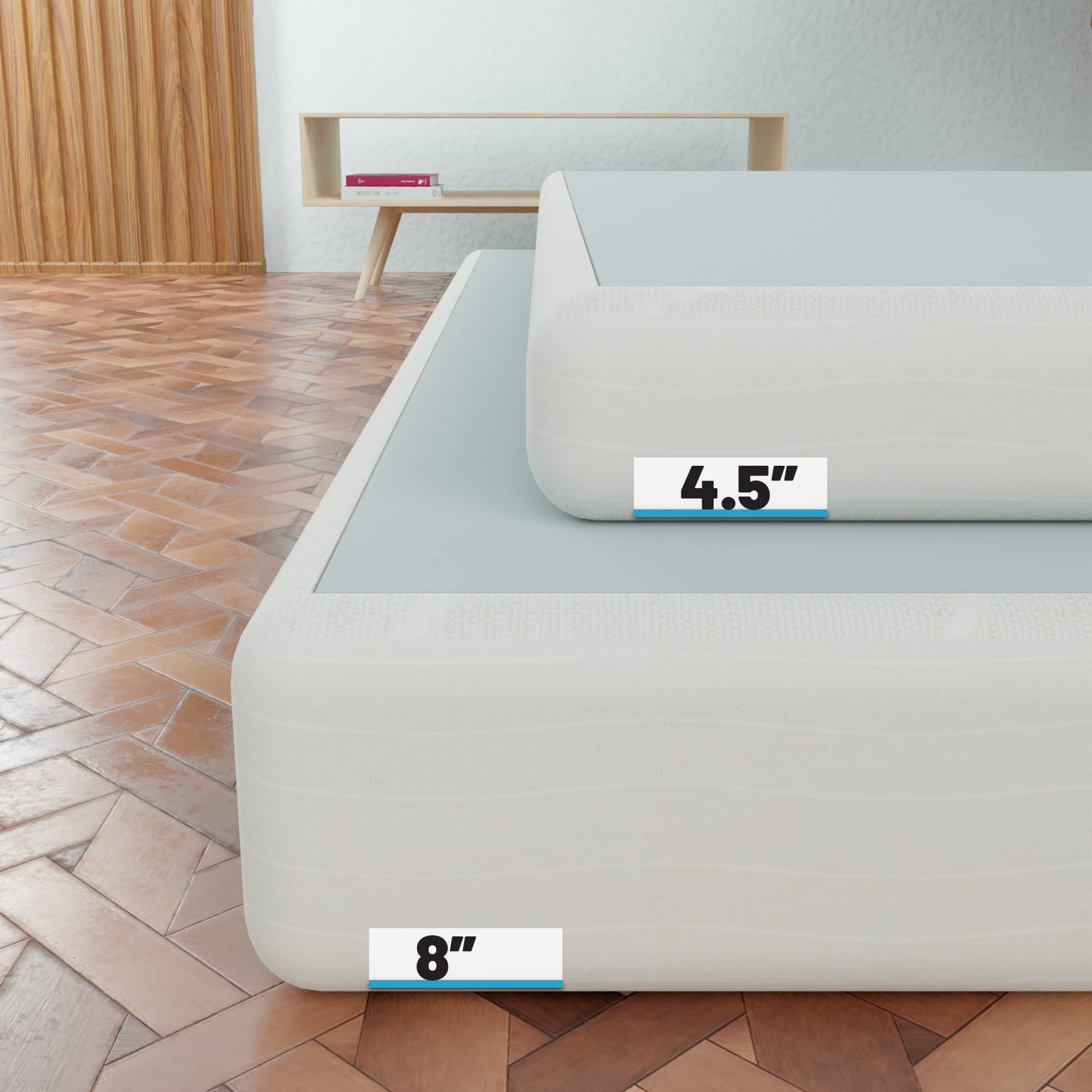 Greaton, 8-Inch Sturdy Box Spring for Mattress Support-Durable and Easy to Assemble Natural Wood Foundation for Full XL, White