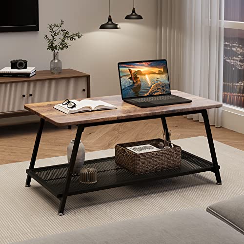 IDEALHOUSE Coffee Table Industrial Center Table 2-Tier Living Room with Mesh Shelf Rectangle Wood Cocktail Table Metal Frame, Easy to Assemble, Rustic Brown