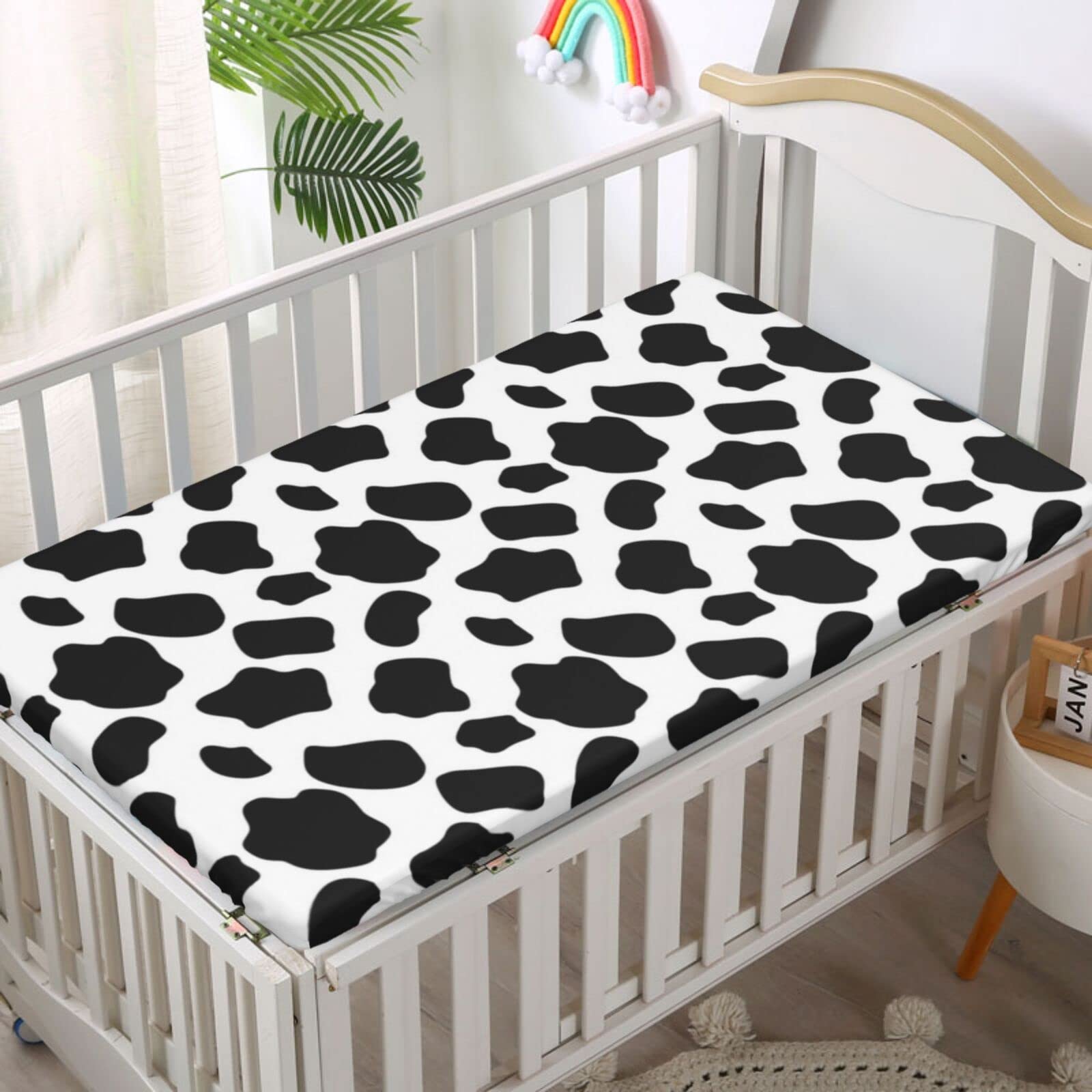 Cow Print Themed Fitted Mini Crib Sheets,Portable Mini Crib Sheets Soft & Stretchy Polyester Fitted Crib Sheet -Crib Mattress Sheet or Toddler Bed Sheet,24β x38β,White Black
